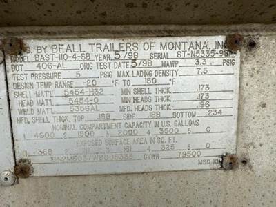 1998 Beall BAST-110-4-SB Fuel Tanker Trailer For Sale | New Salem, ND ...