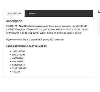 International DT466E Fuel Conveyor Pump Part # 0 440 008 174 For Sale ...