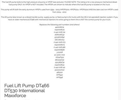 International DT466E Fuel Conveyor Pump Part # 0 440 008 174 For Sale ...