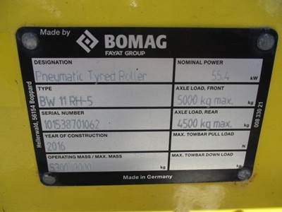 2016 BOMAG BW11RH-5 Pneumatic Tired Roller For Sale, 1,129 Hours ...
