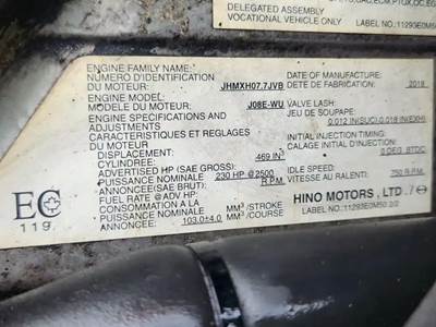 Hino J08 Engine for a 2020 Hino 268 For Sale | Elkton, MD | 11293E0M50 ...