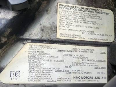 Hino J08 Engine for a 2020 Hino 268 For Sale | Elkton, MD | 11293E0M50 ...