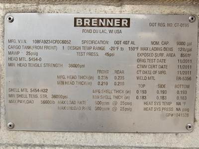 2012 Brenner 9000 GALLON SOLVENT TANKER / METHANOL & ETHANOL Chemical ...